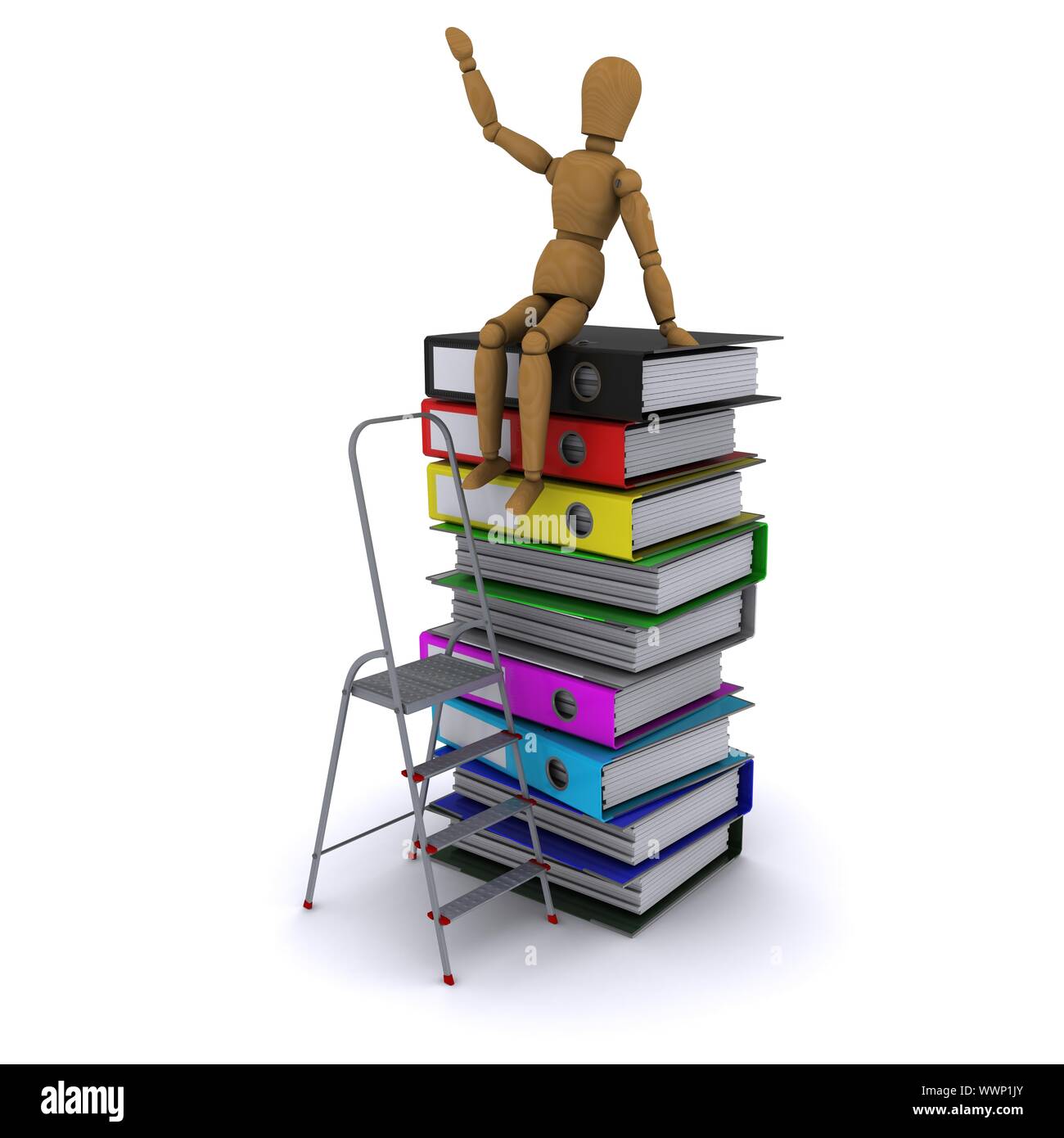 The wooden man climbed the ladder on the stack of books. 3D rendering ...