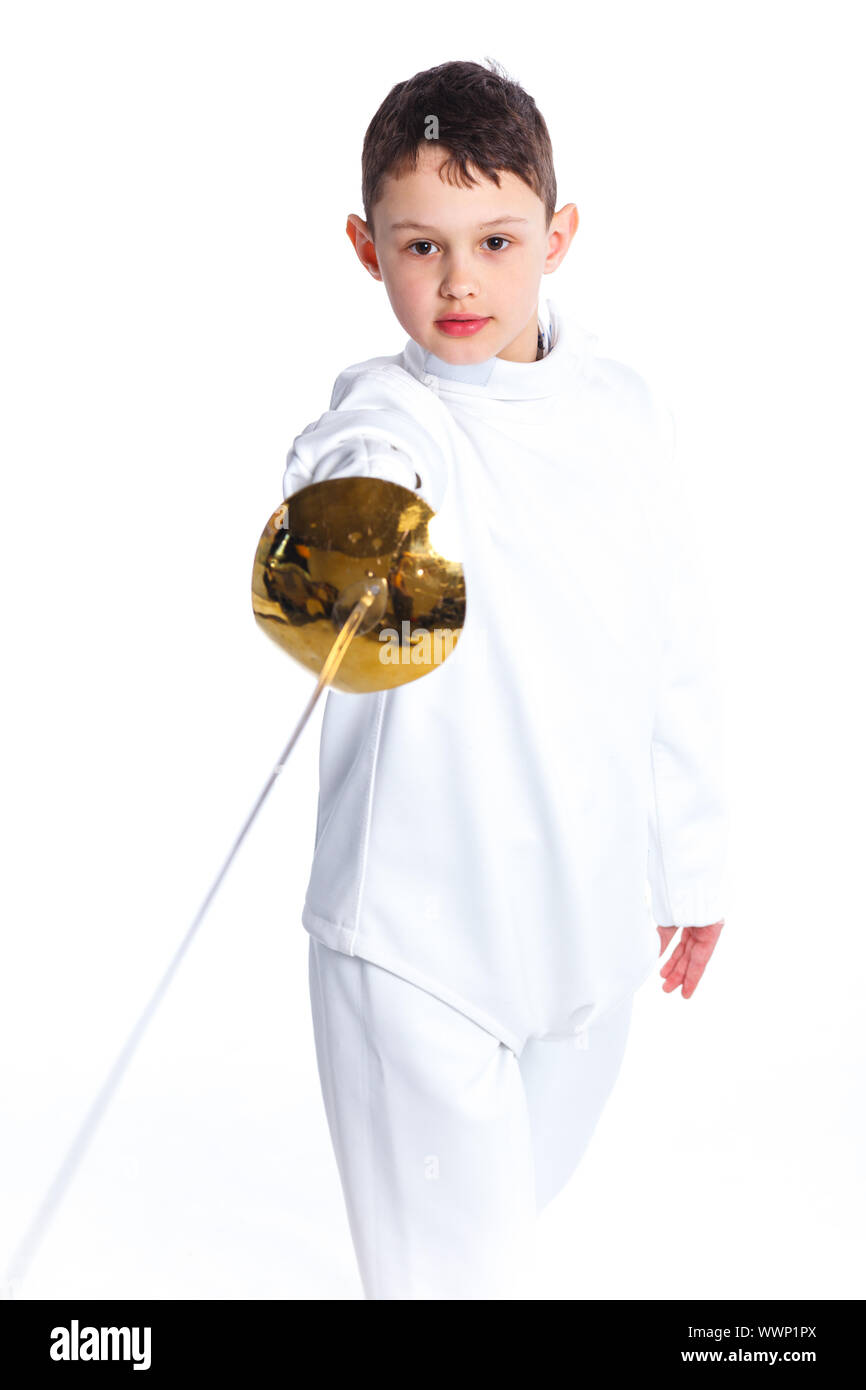 Child epee fencing lunge. Isolated on white background Stock Photo - Alamy