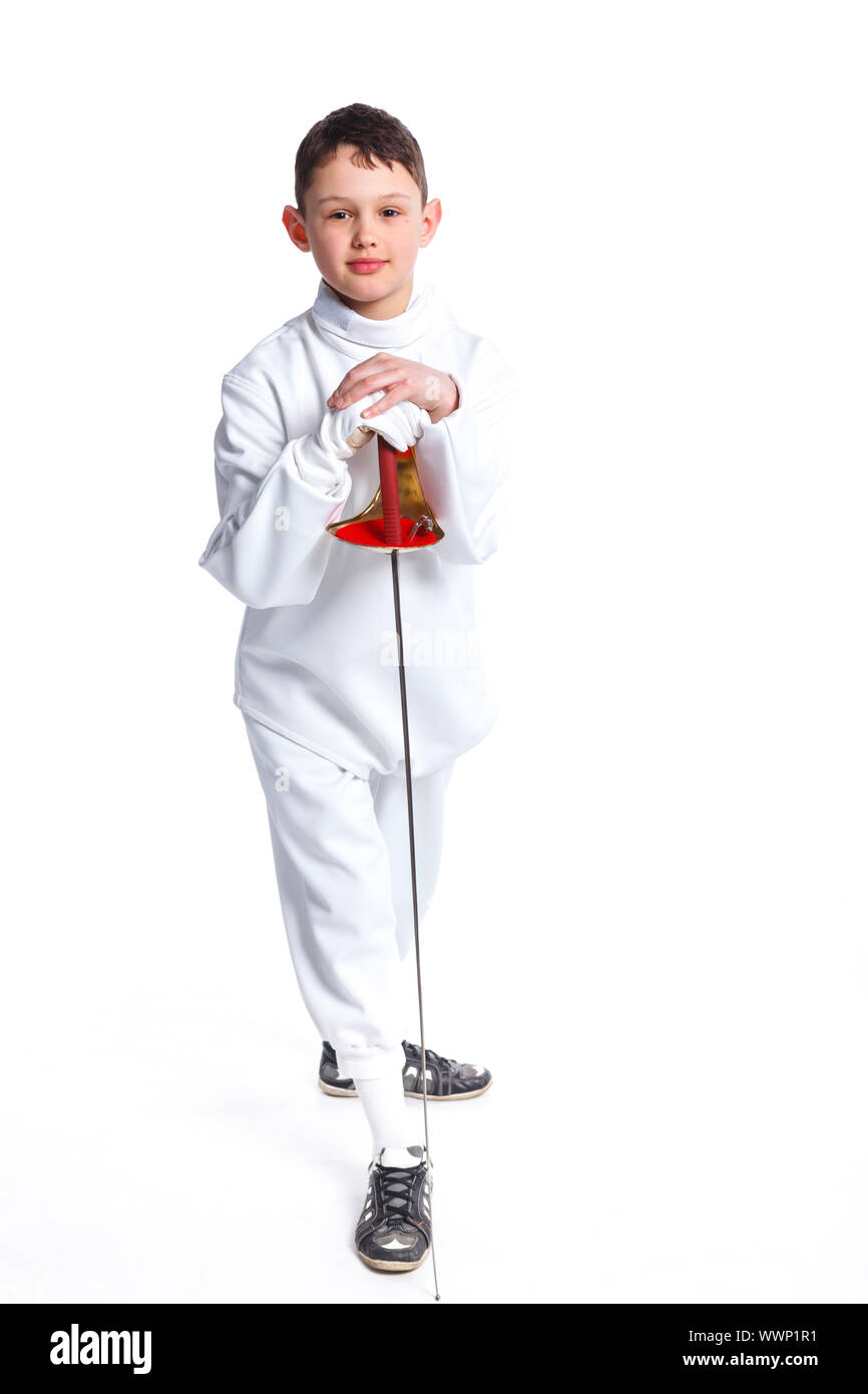 Child epee fencing lunge. Isolated on white background Stock Photo - Alamy