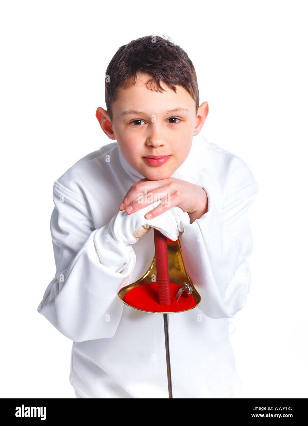 Portrait of child epee fencing lunge. Isolated on white background ...