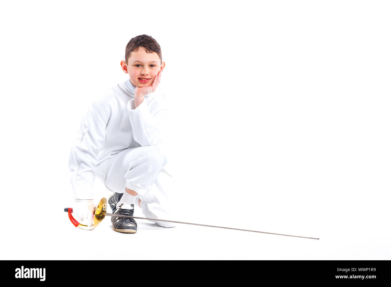Child epee fencing lunge. Isolated on white background Stock Photo - Alamy