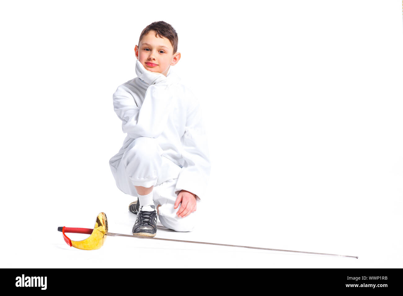 Child epee fencing lunge. Isolated on white background Stock Photo - Alamy