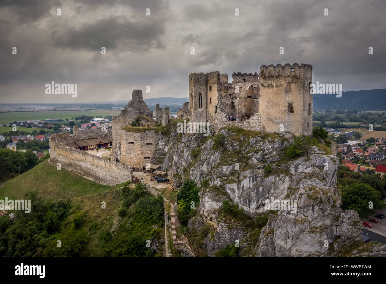 Aerial view of medieval ruined Beckov castle in Slovakia above the Vah ...