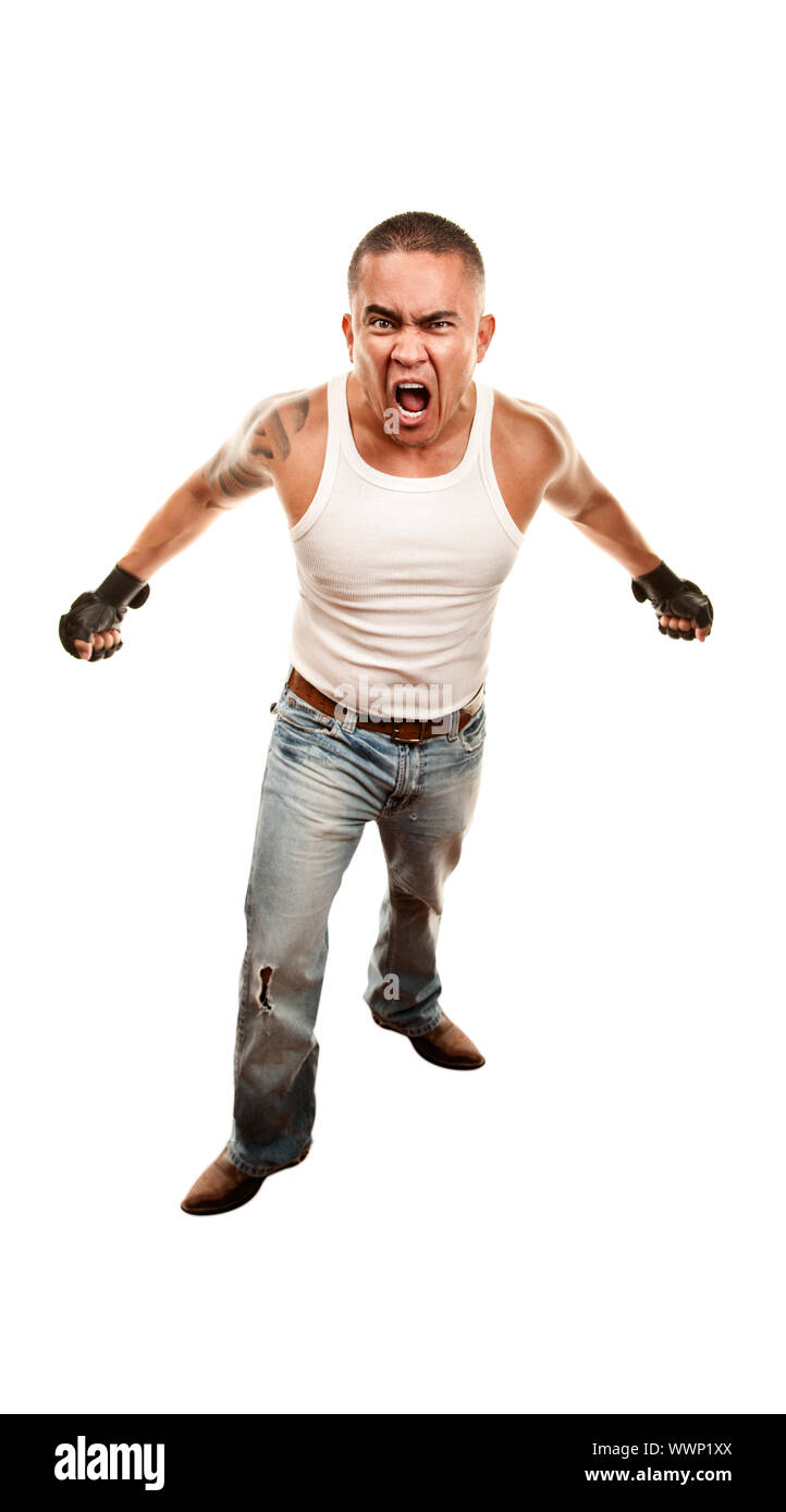 Hispanic Man screaming in mixed martial arts pose Stock Photo - Alamy