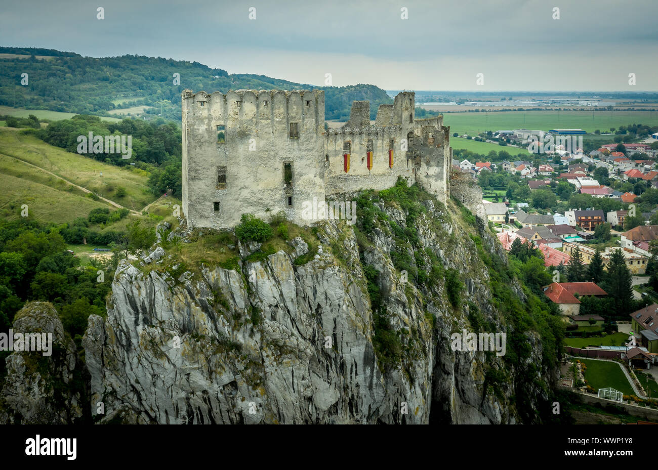 Aerial view of medieval Beckov castle with inner and outer courtyard ...
