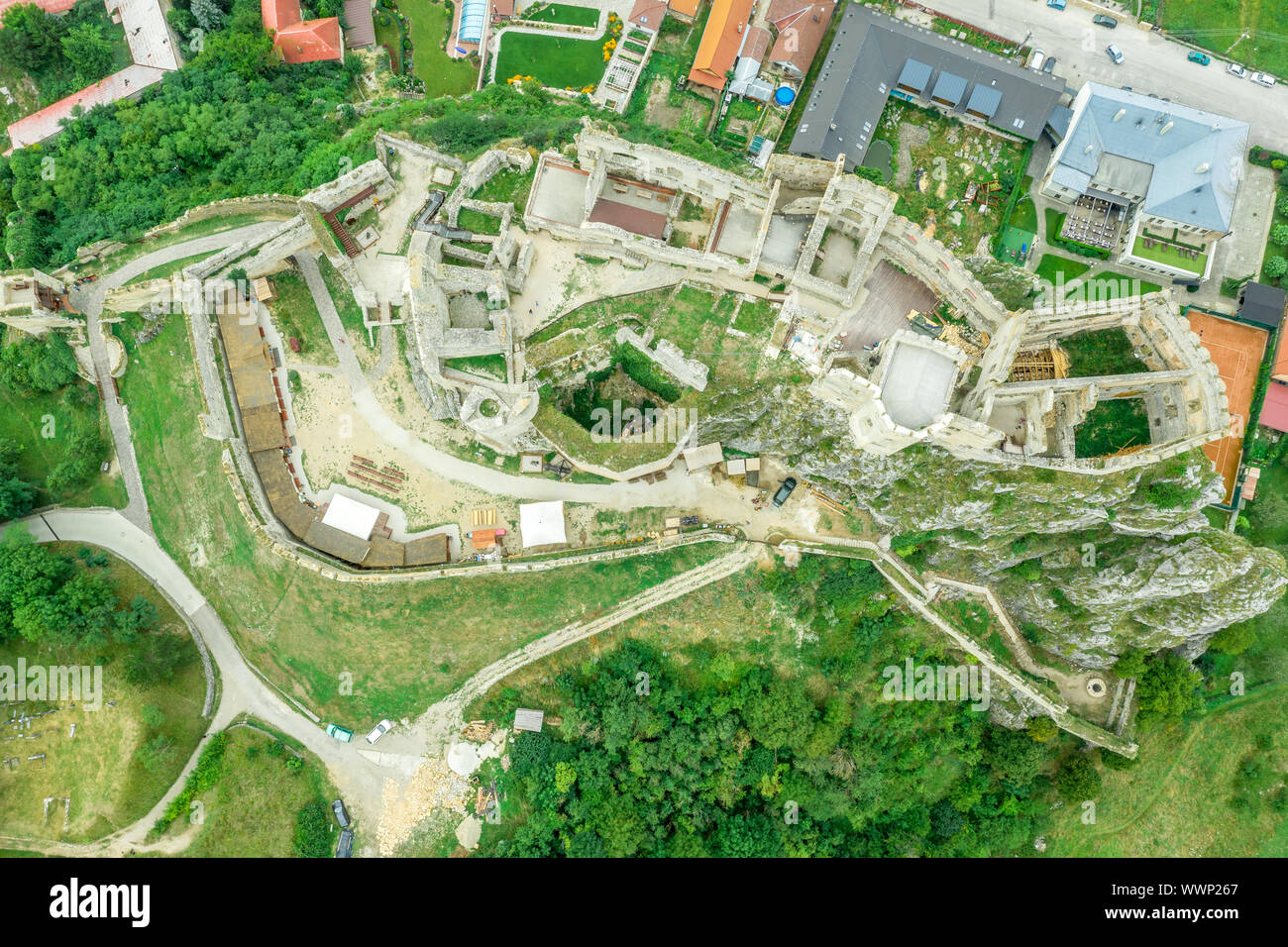 Aerial view of medieval Beckov castle with inner and outer courtyard ...