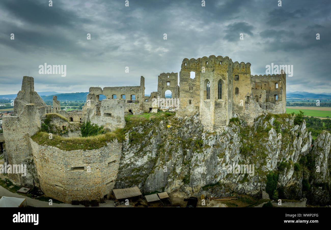 Aerial view of medieval ruined Beckov castle in Slovakia above the Vah ...