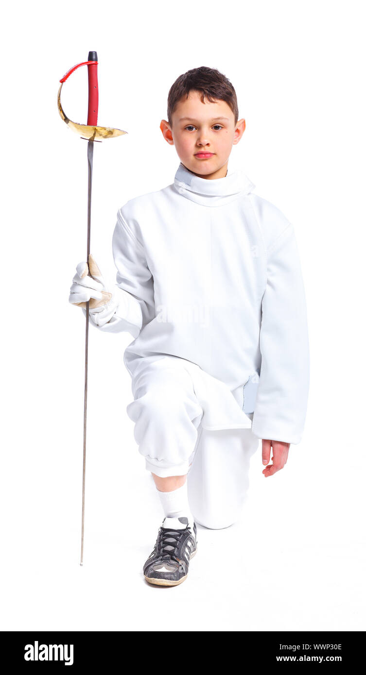 Child epee fencing lunge. Isolated on white background Stock Photo - Alamy