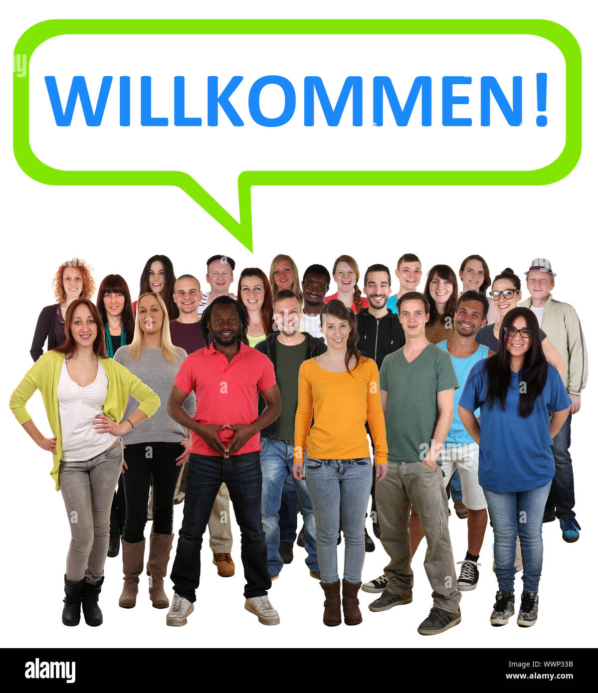 People Group welcome young people with words Stock Photo - Alamy