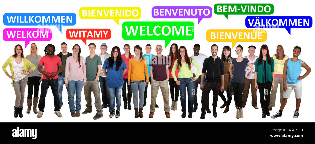Multicultural People Group young people say welcome Stock Photo - Alamy