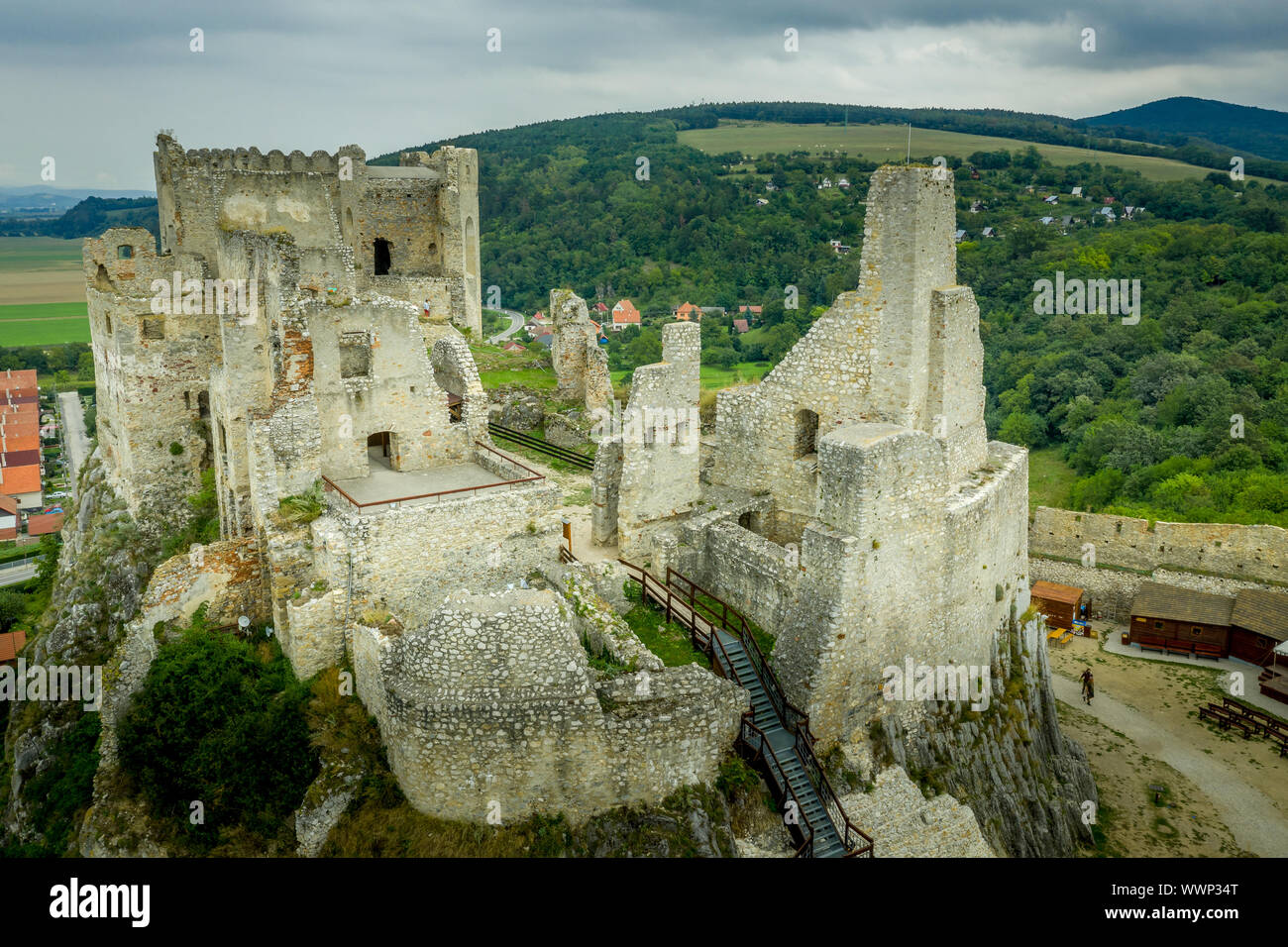 Aerial view of medieval ruined Beckov castle in Slovakia above the Vah ...