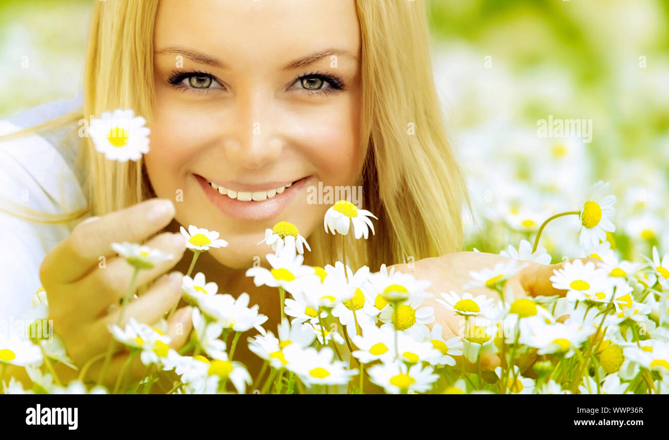 Beautiful Woman Enjoying Daisy Field Nice Female Lying Down In The