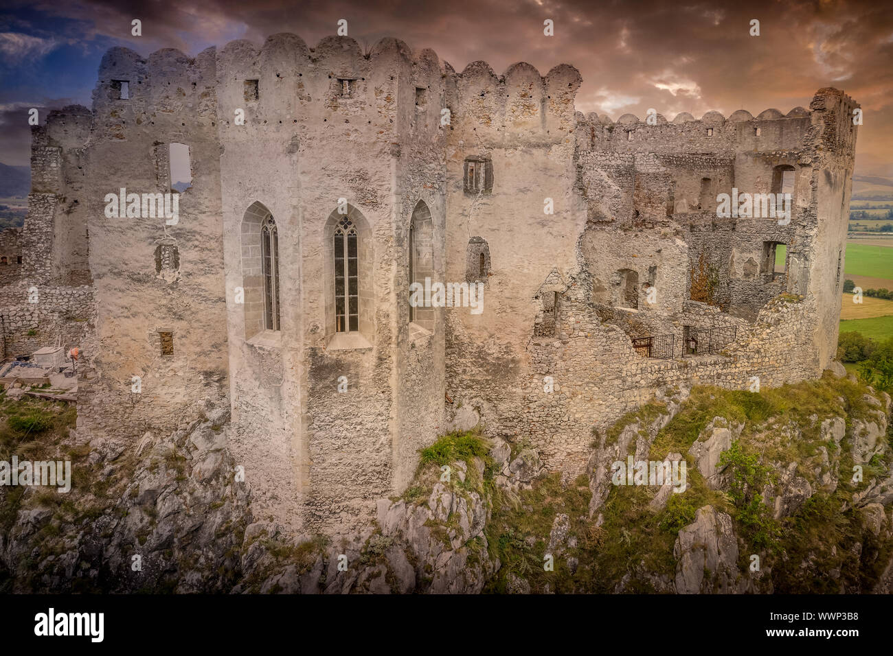 Aerial view of Beckov castle with restored Gothic chapel in Slovakia ...