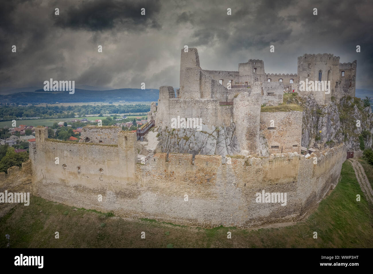 Aerial view of medieval ruined Beckov castle in Slovakia above the Vah ...