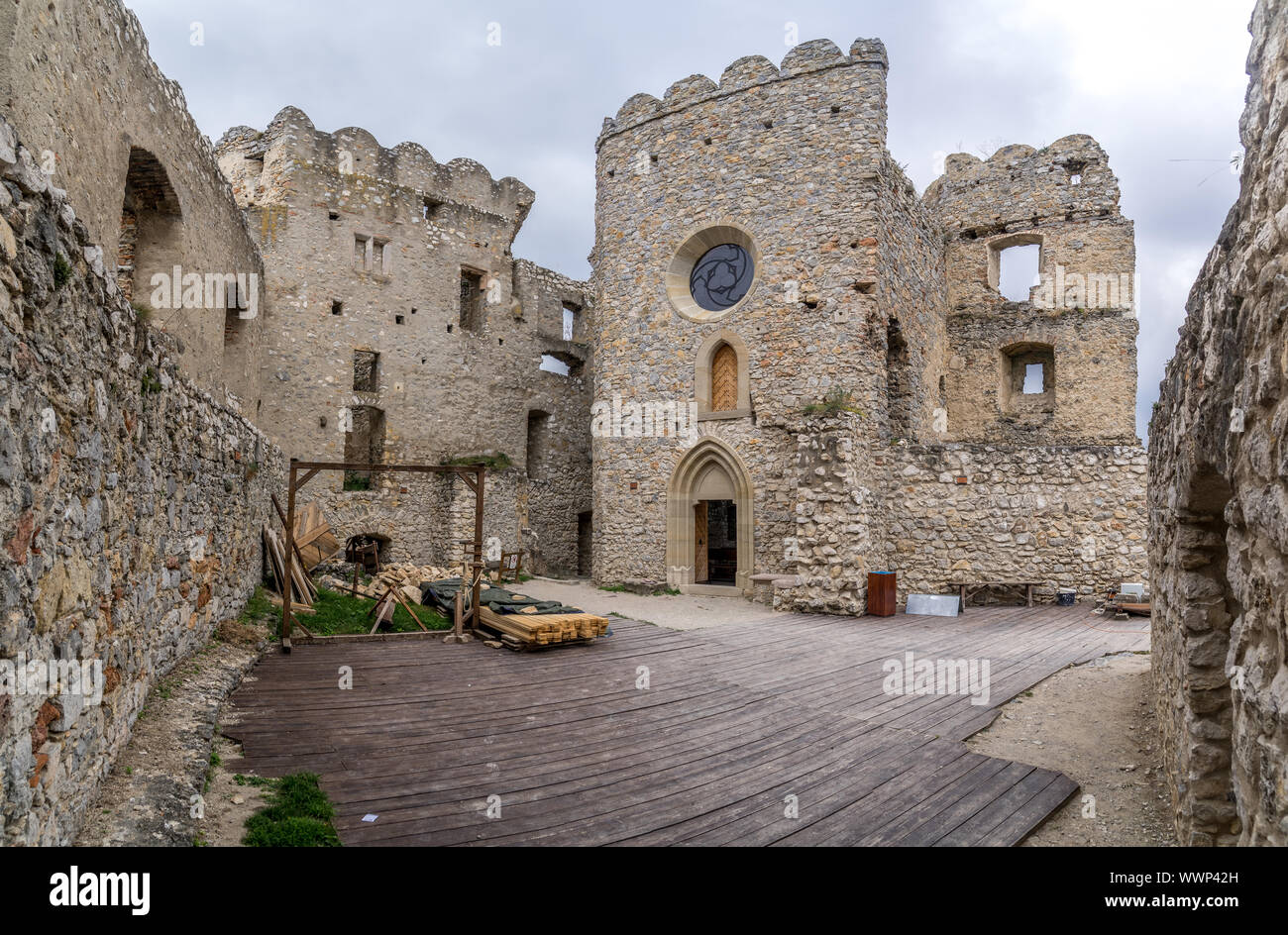 Aerial view of medieval Beckov castle with inner and outer courtyard ...