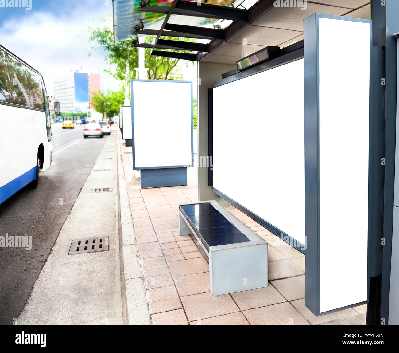Blank white advertising Sign at Bus station in the city Stock Photo - Alamy