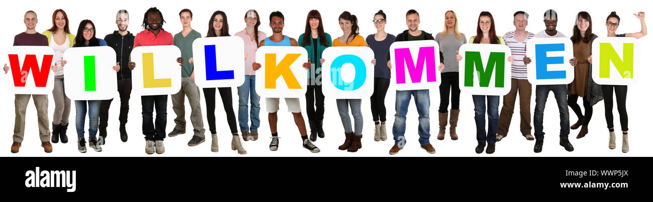 group young people people multicultural keep word welcome Stock Photo ...