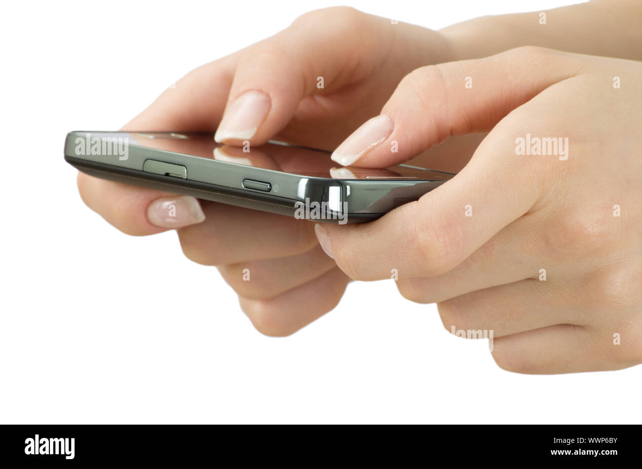 Hand holding mobile isolated on white Stock Photo - Alamy