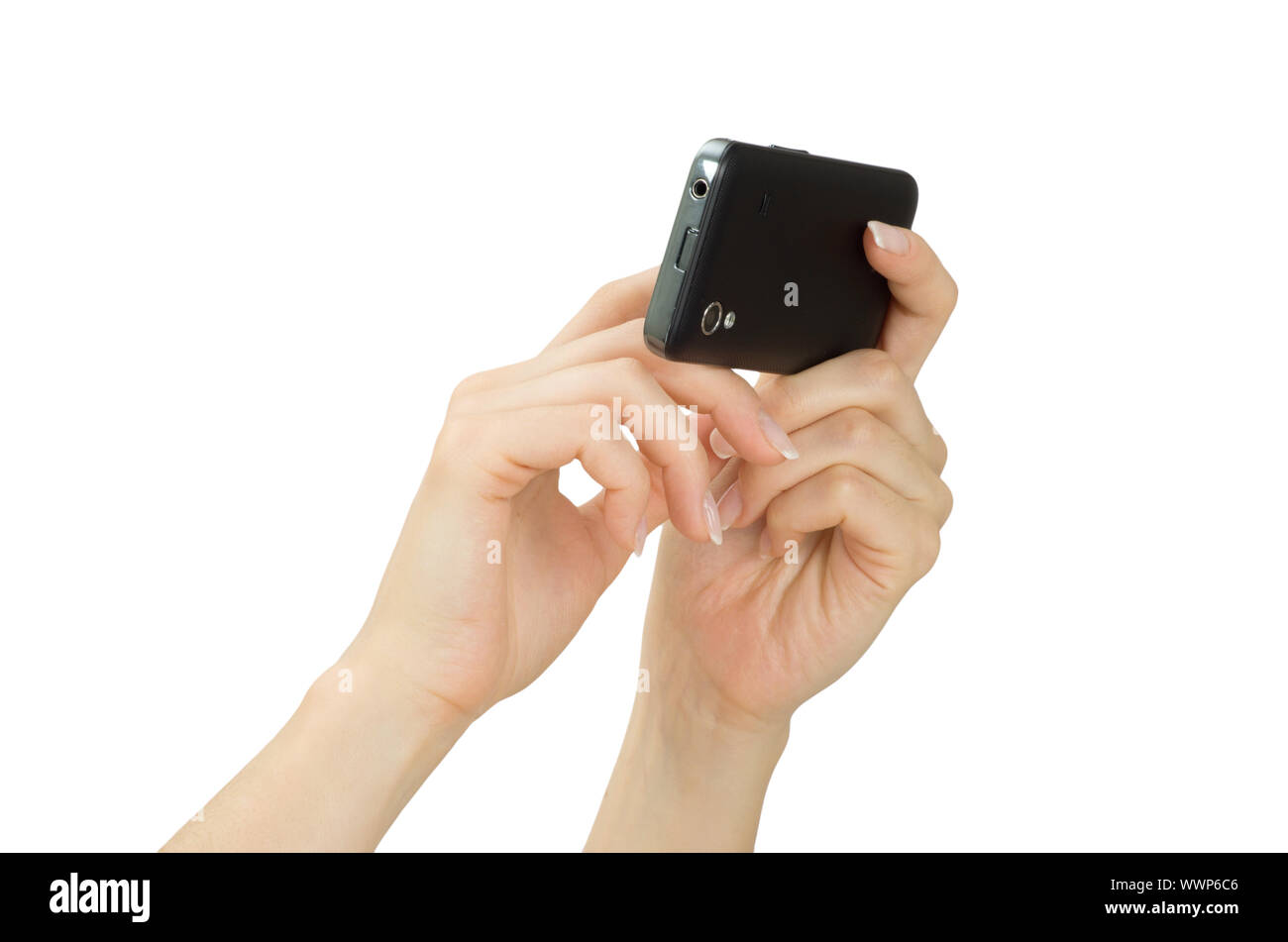 Hand holding mobile isolated on white Stock Photo - Alamy