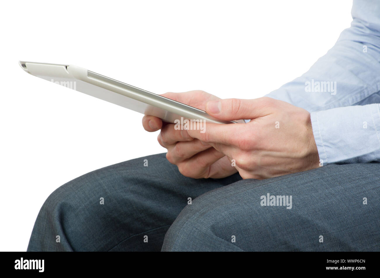hands with tablet computer on white Stock Photo - Alamy