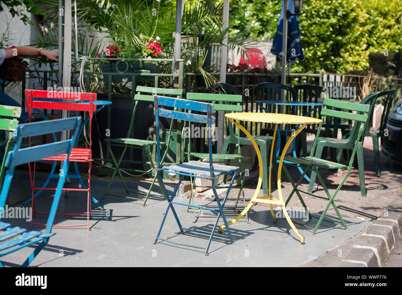 Colorful French bistro terrace Stock Photo - Alamy