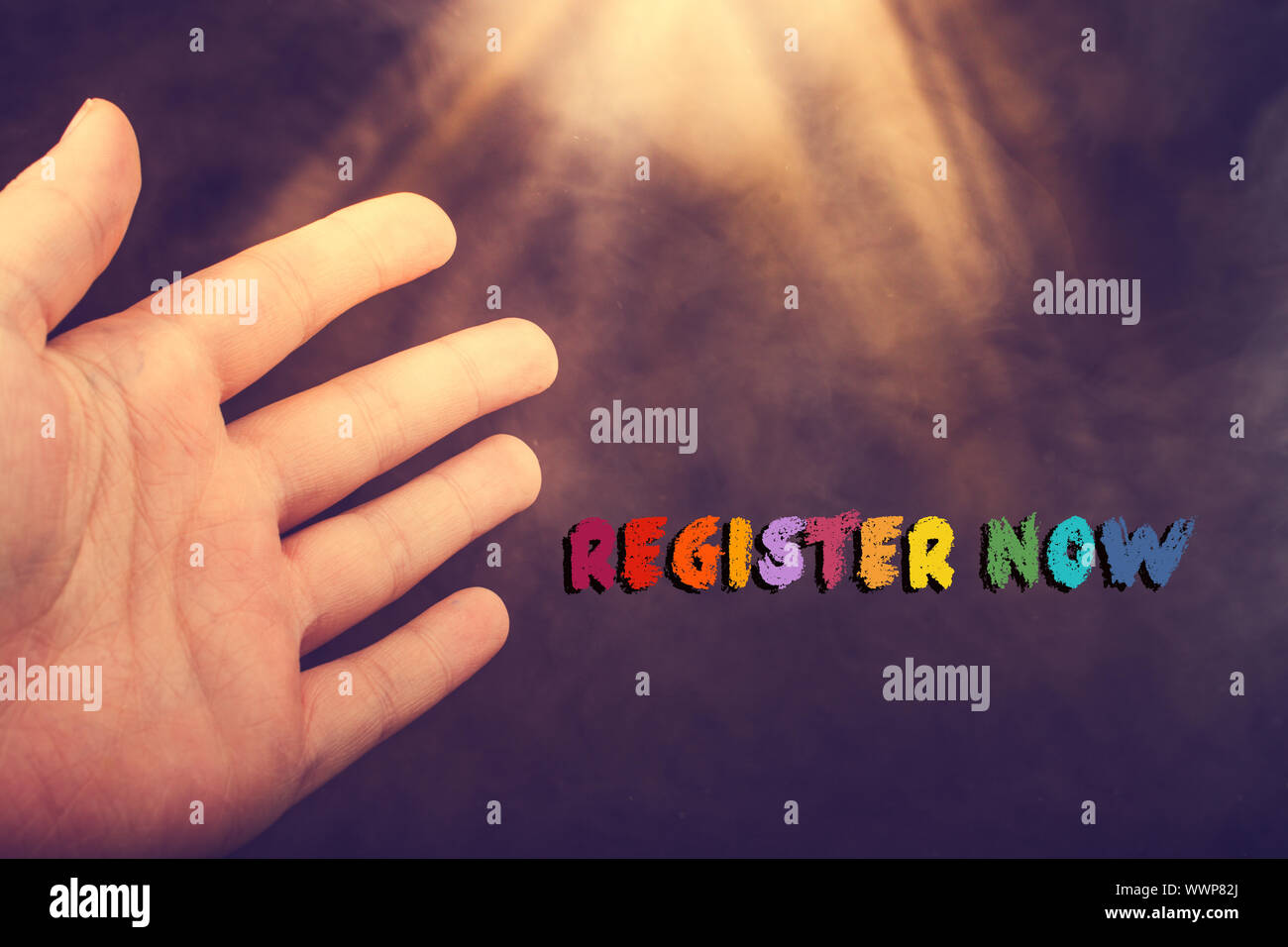 Register now wording written on grunge background with lights Stock ...