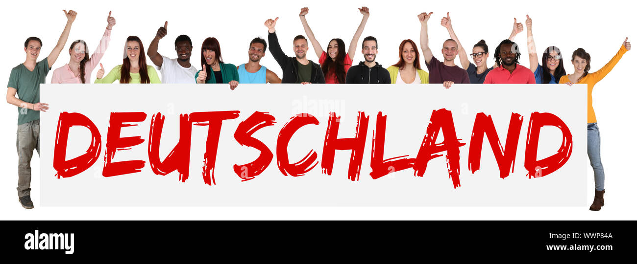 Germany multicultural group young people people people keep shield ...
