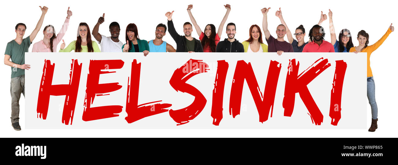 Helsinki multicultural group young people people people holding shield ...