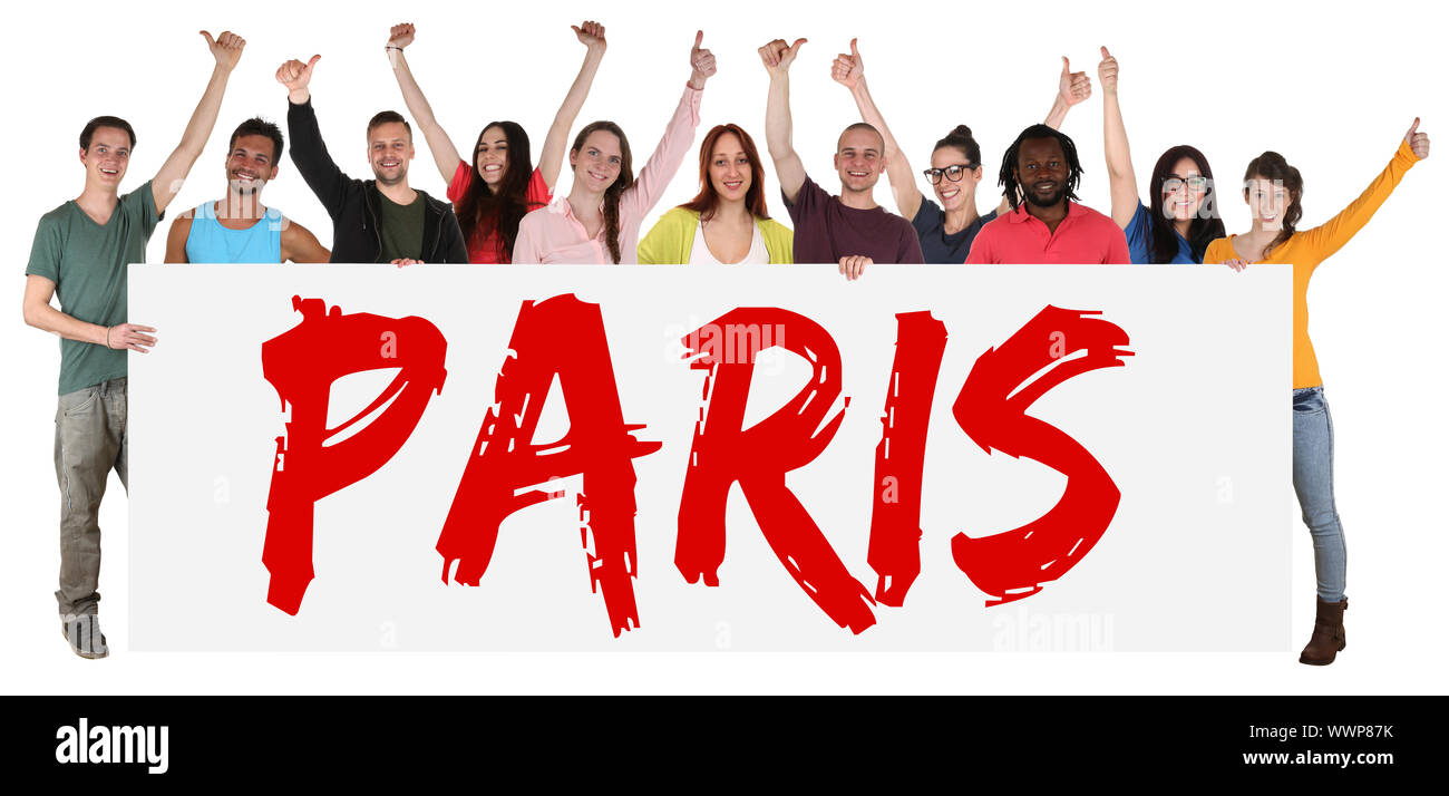 Paris sign multicultural group laugh laugh young people Stock Photo - Alamy