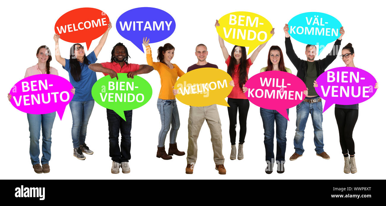 refugees welcome different languages multicultural group young people ...