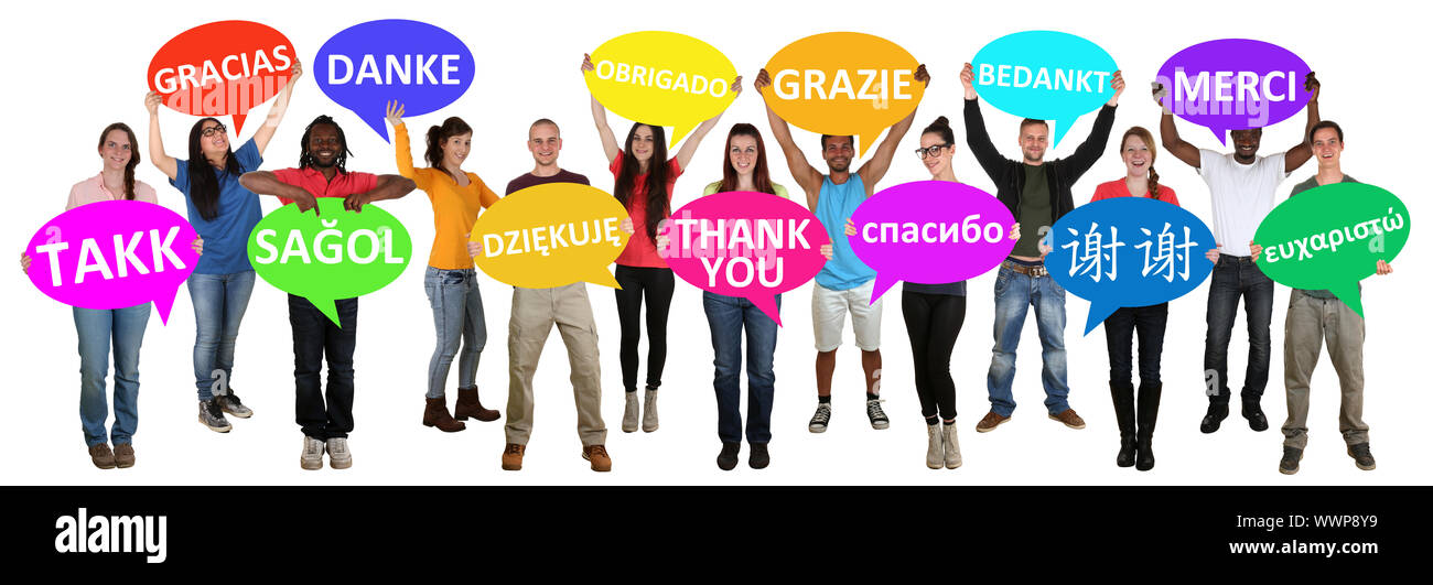 Multicultural group young people people hold speech bubbles with thank ...