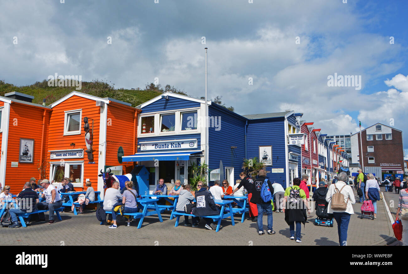 Colorful lobster booths at the south harbor of the North Sea island ...