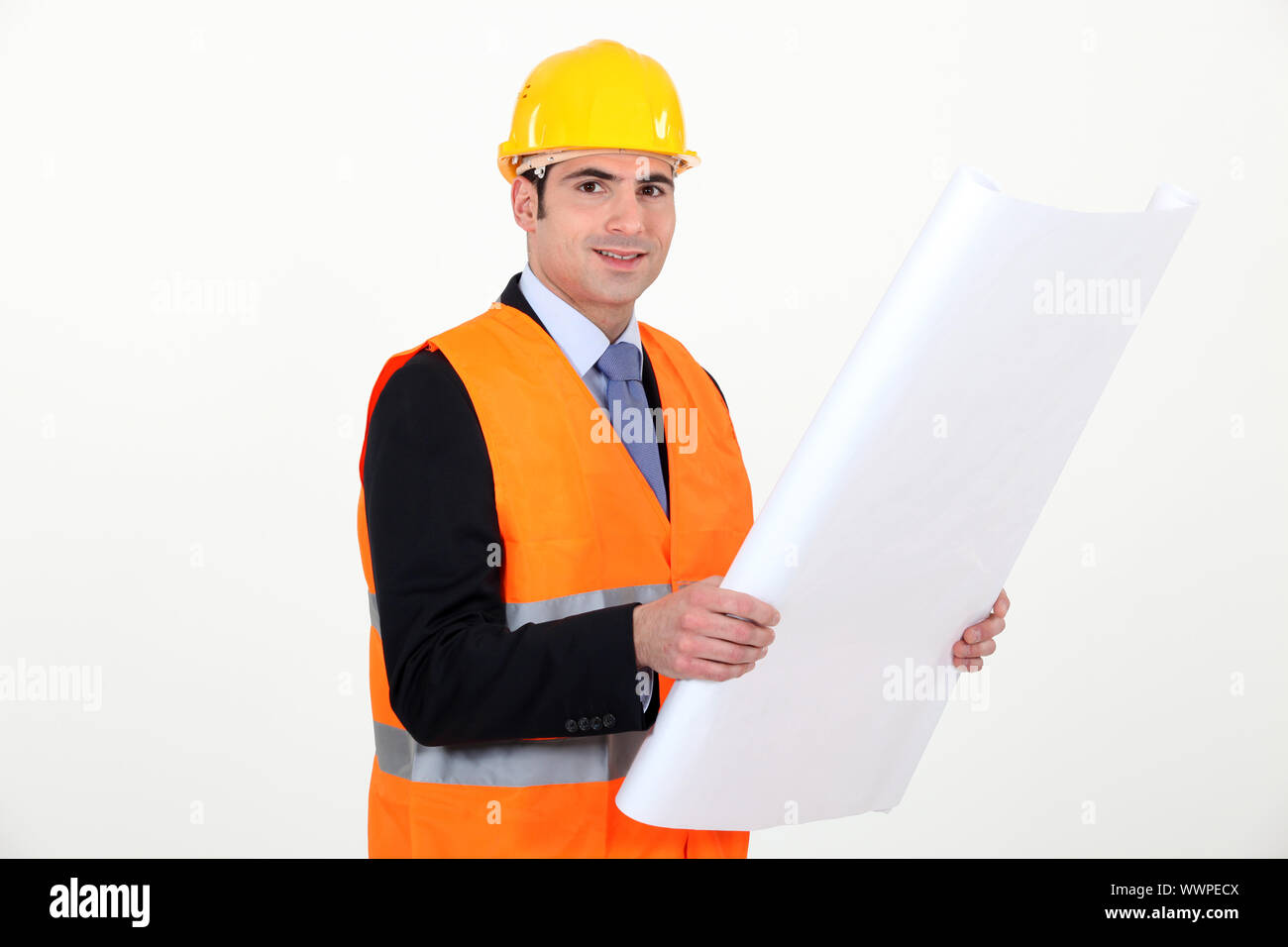 portrait of handsome architect with plans and safety helmet Stock Photo - Alamy