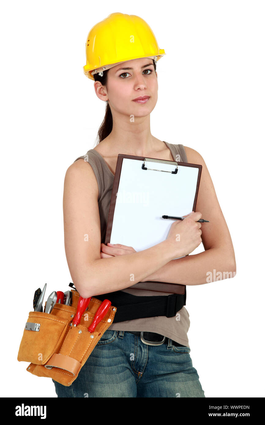 Female worker holding clipboard Stock Photo - Alamy