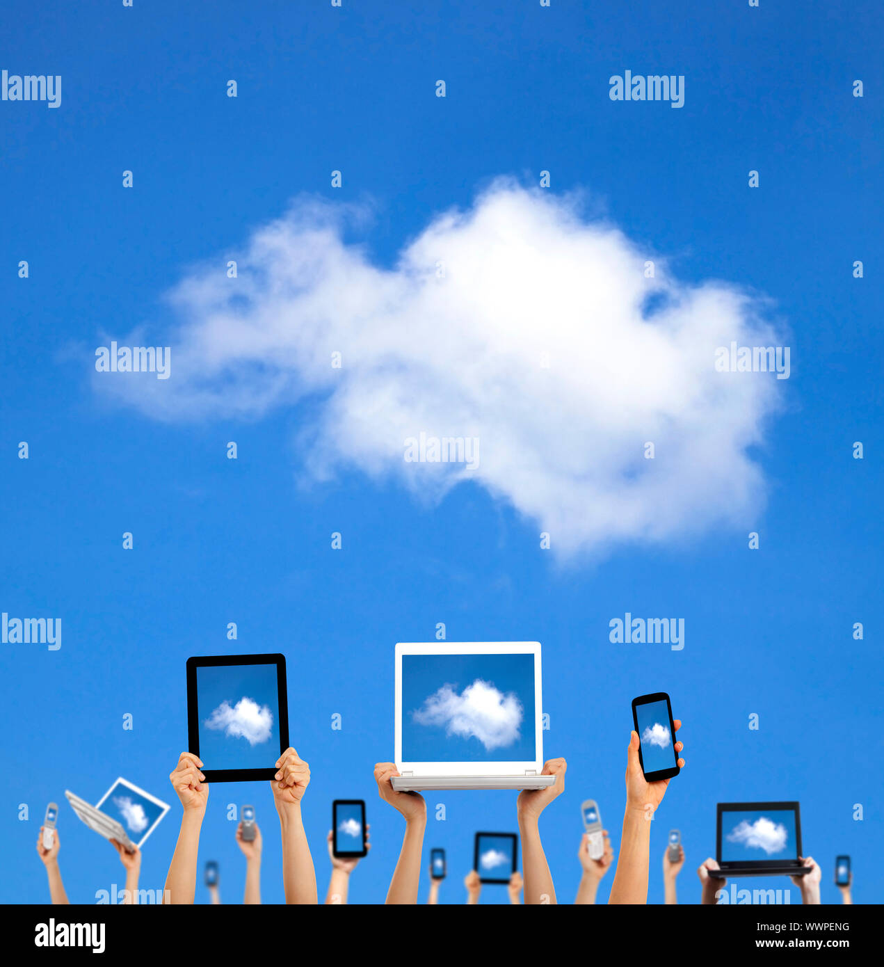 cloud computing concept.hands holding computer laptop smart phone ...