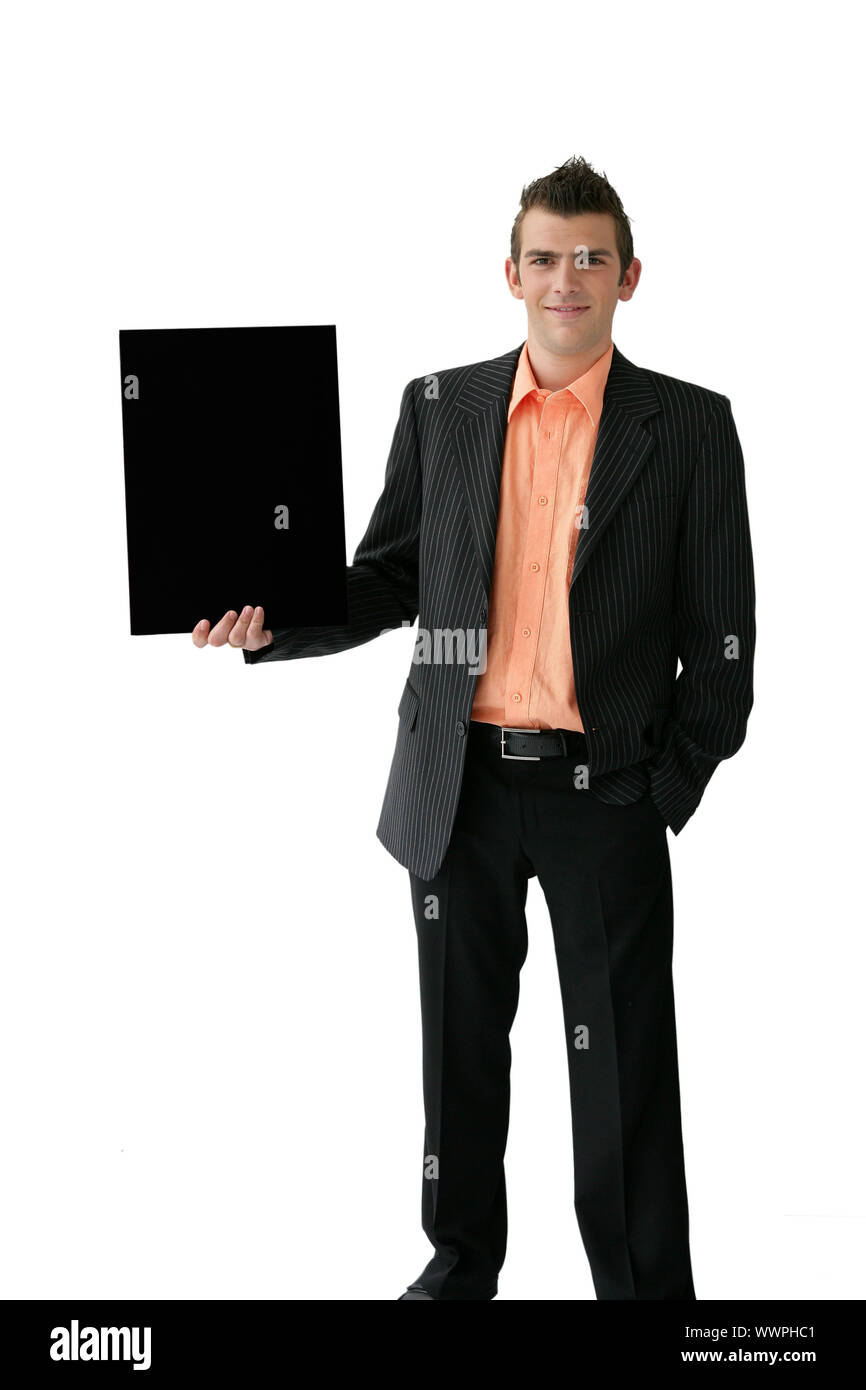 Confident young salesman stood with placard Stock Photo - Alamy