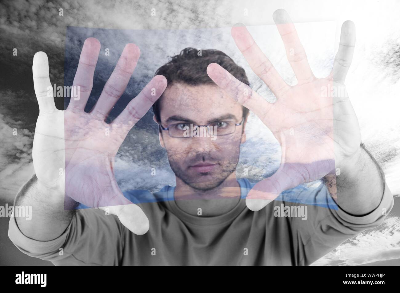 Abstract shot of man touching screen Stock Photo - Alamy