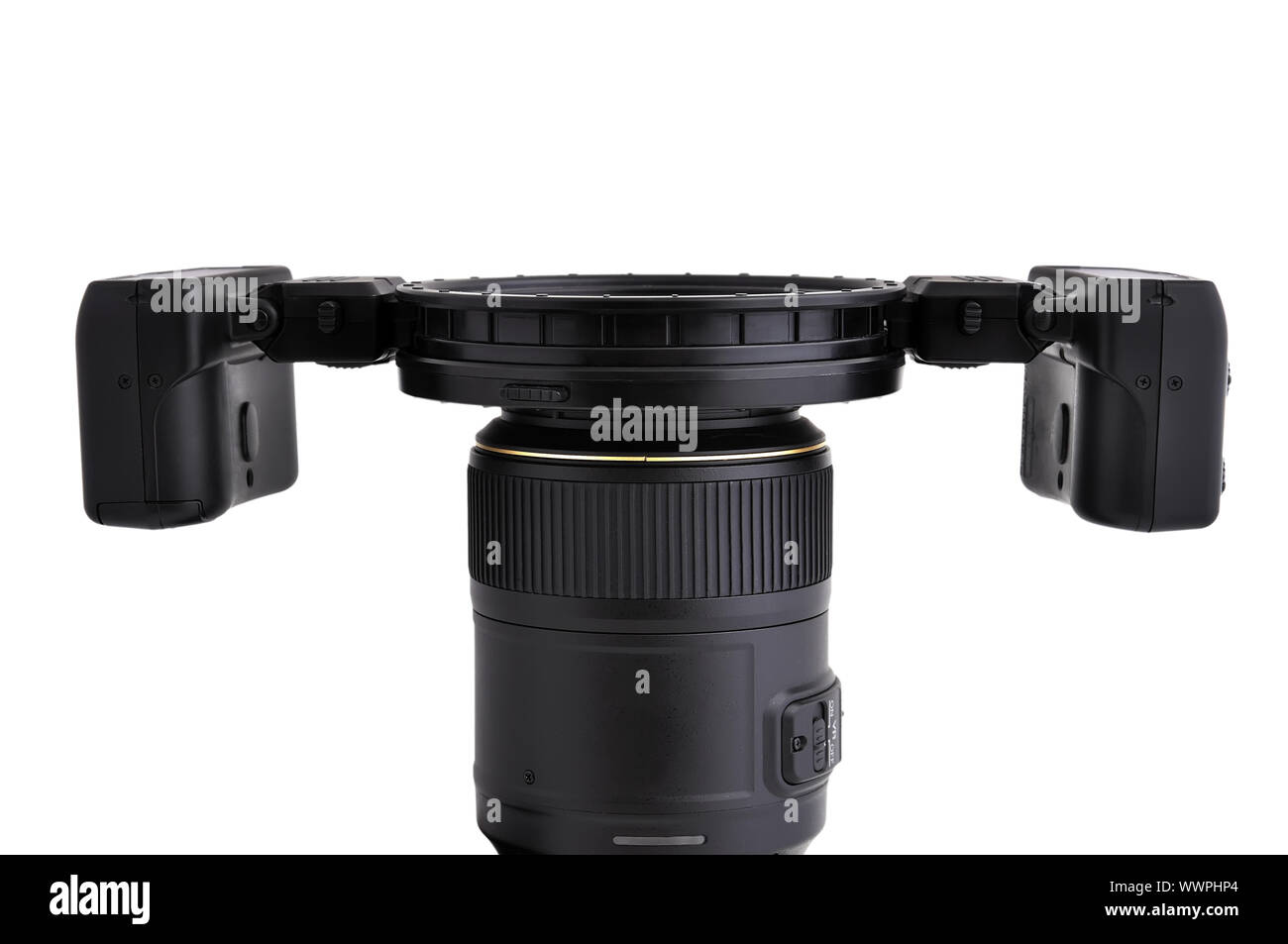 dslr camera with macro flashes on a white background Stock Photo - Alamy