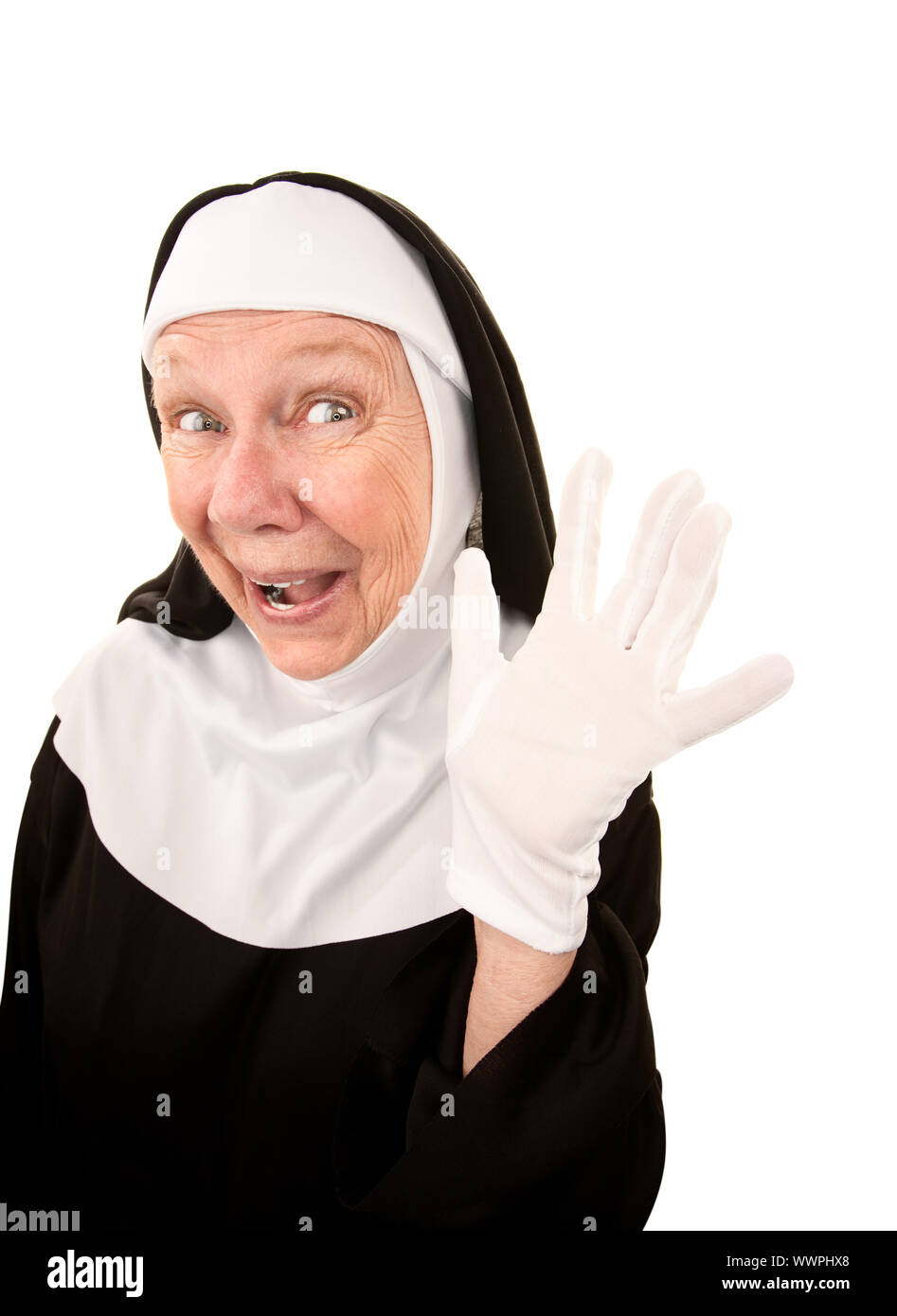 Funny Nun with Happy Expression on her Face Waving Stock Photo - Alamy