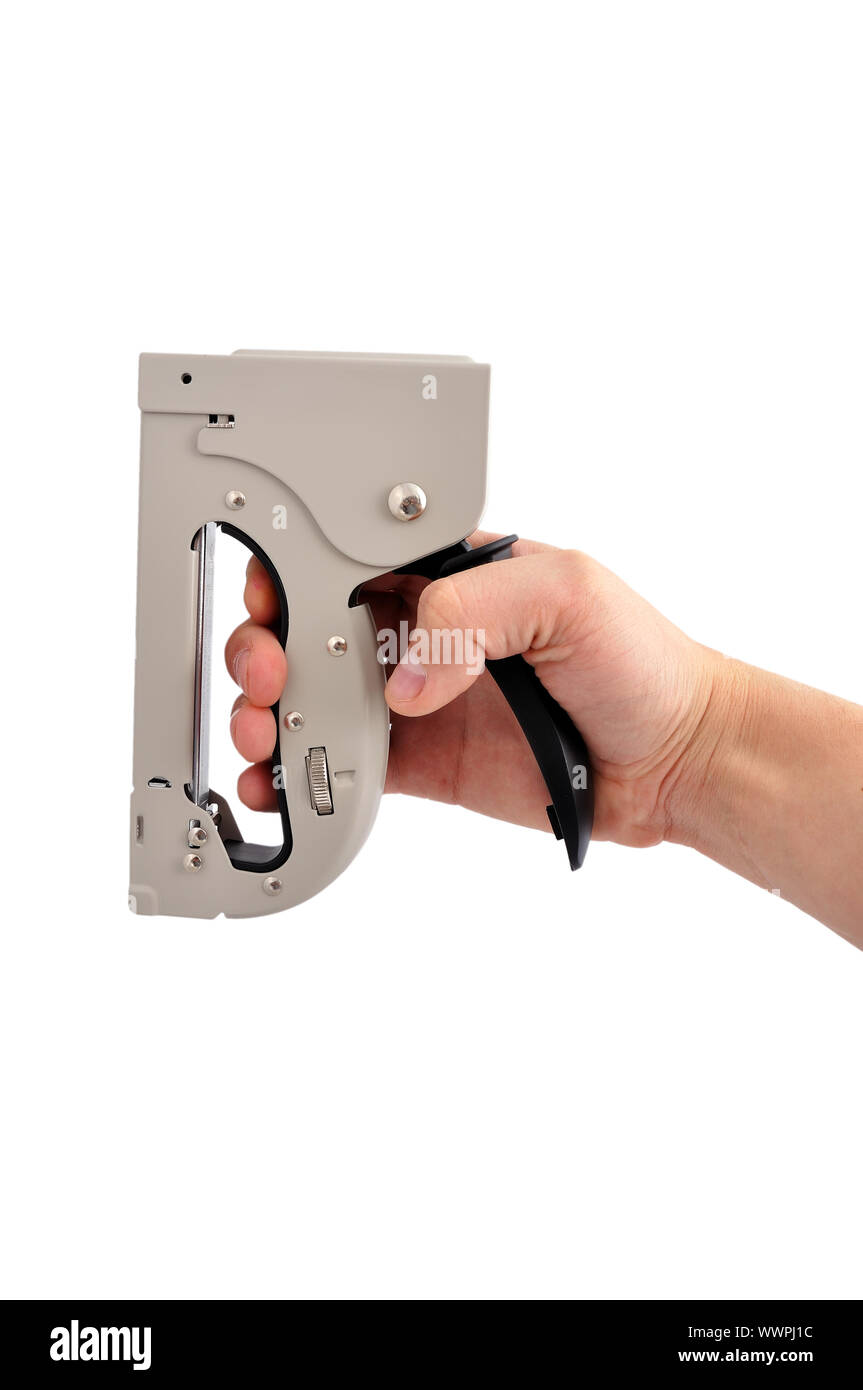 staple gun in hand on a white background Stock Photo - Alamy