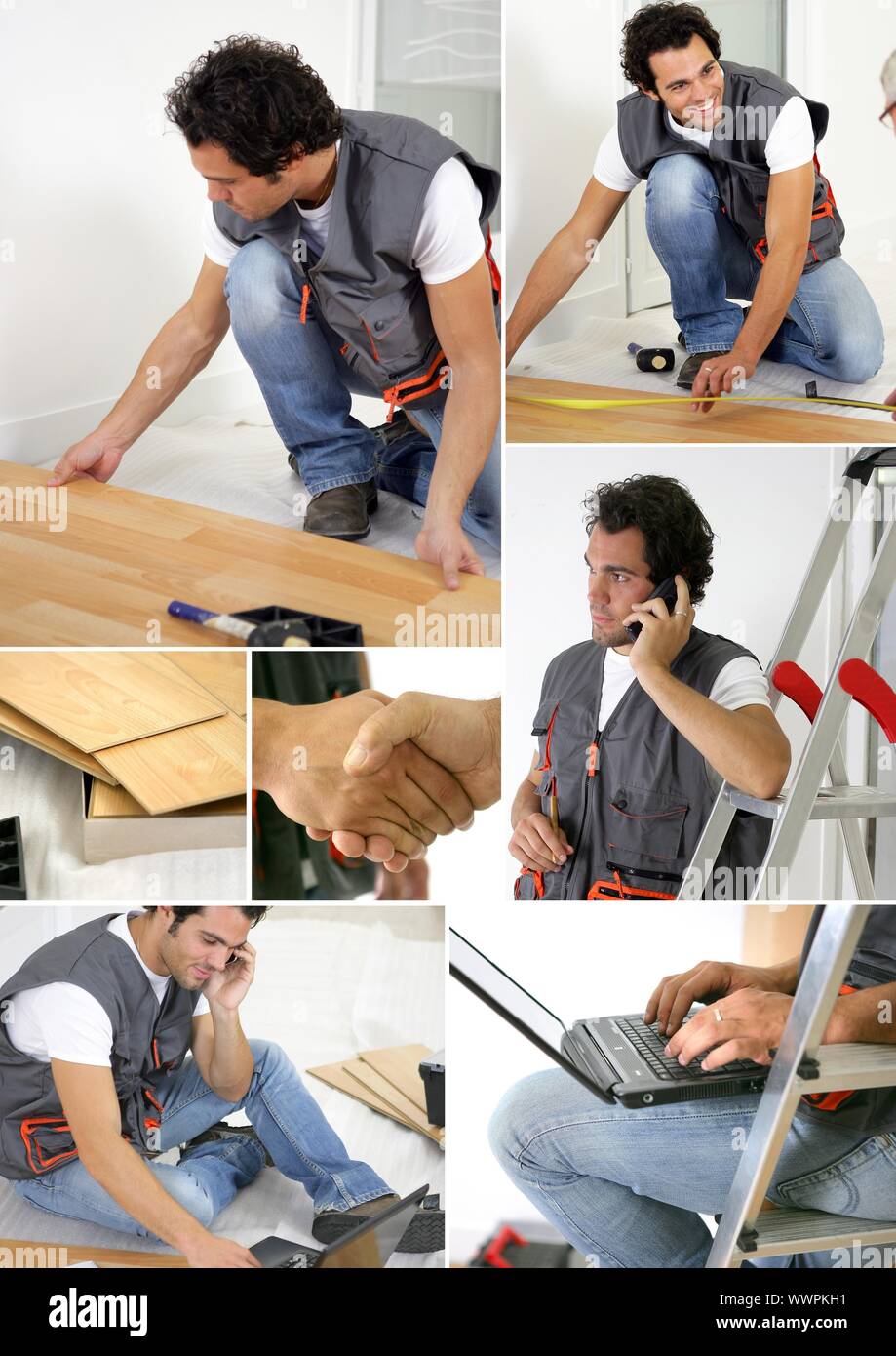 Montage of a worker laying floor Stock Photo - Alamy