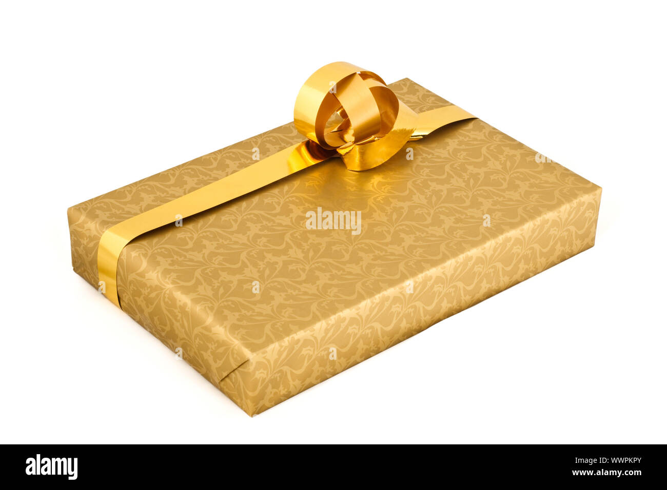 Golden gift box with ribbon isolated on white Stock Photo - Alamy