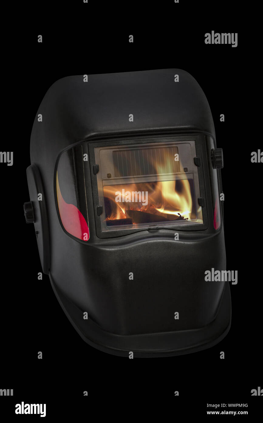 Firefighters mask, welding mask, isolated on black background, with ...