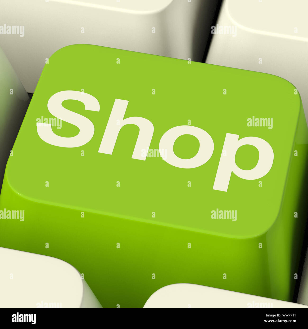 Shop Computer Key In Green Showing Commerce Or Retail Sales Stock Photo ...