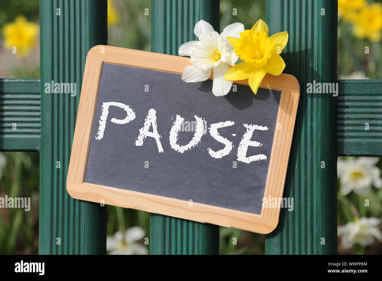 Break garden with flowers flower in spring table sign Stock Photo - Alamy