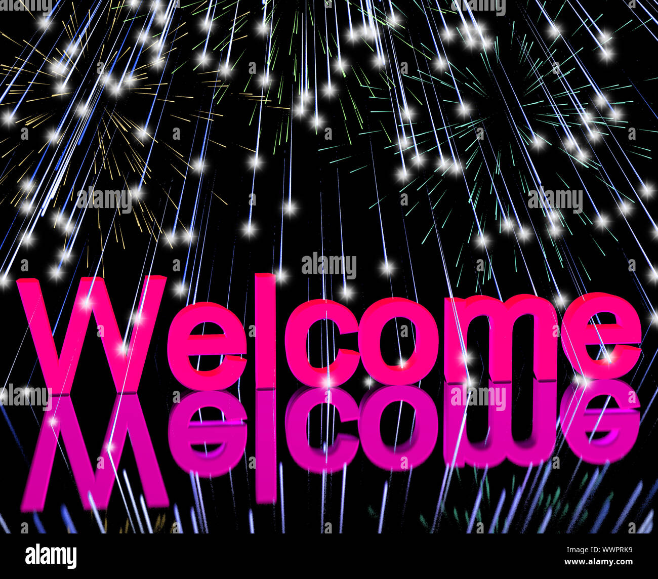 Welcome Word With Fireworks Shows Greeting Of Hospitality Stock Photo ...