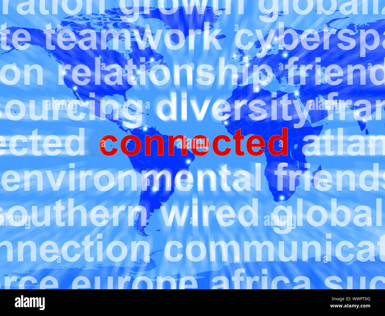 Connected Word On Map Shows Global Networks And Connections Stock Photo ...