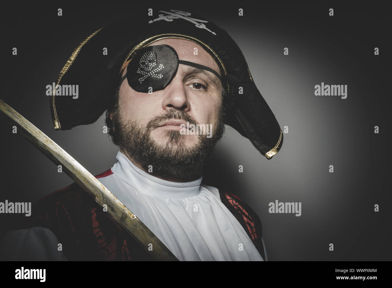 man pirate with eye patch and old hat with funny faces and expressive ...