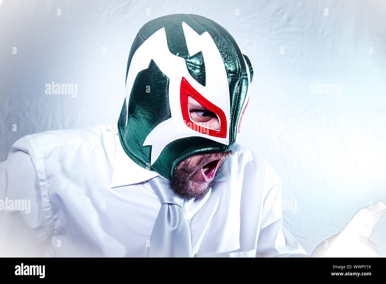 Stress, angry businessman with Mexican wrestler mask, expressions of ...