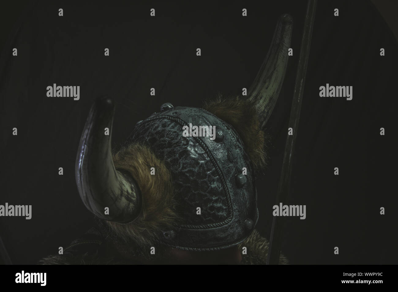 Scandinavian, Viking warrior with iron sword and helmet with horns ...